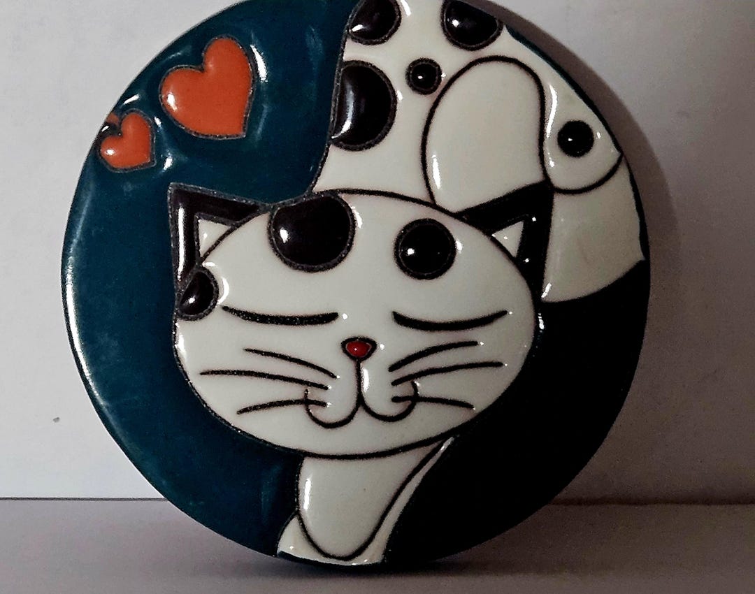 Handmade Mexican Ceramic Cat Coaster – Whimsical Hand-painted Teal ...