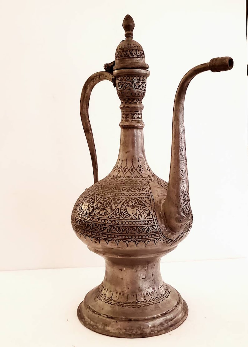 Antique Large Middle Eastern Turkish Pewter Ewer Etched - Etsy