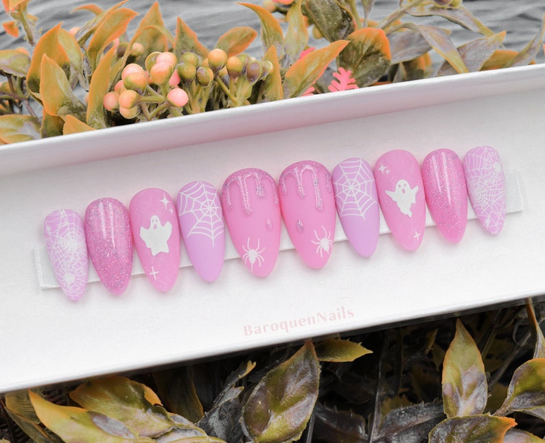 Pink Ghost Nails Spooky Cute Halloween Press on Nails Spider Web Fake ...