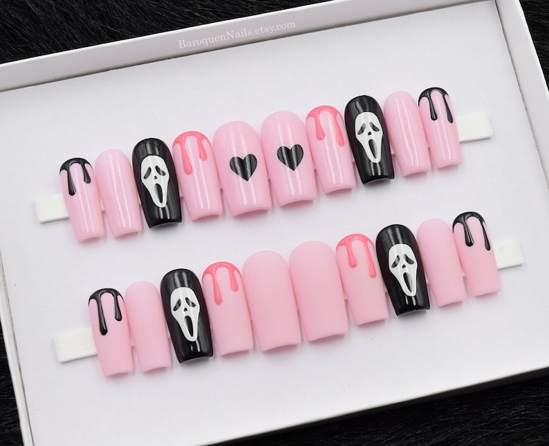 Pink Scream Nails Glam Press on Nails Drip Black Fake False Nails Y2K ...