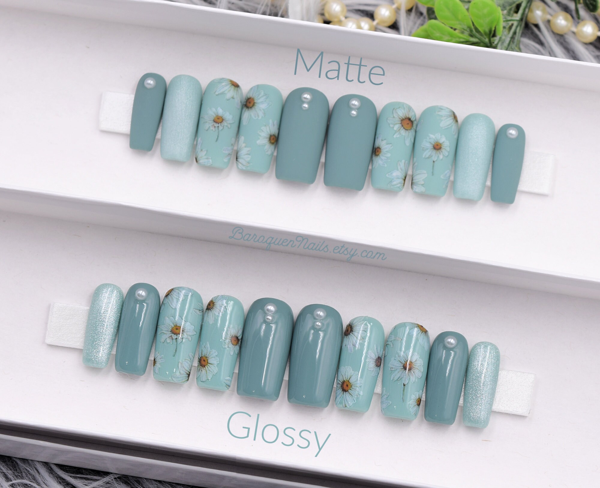Sage Green Press on Nails: Chamomile Floral Pearl Nail Art - Etsy