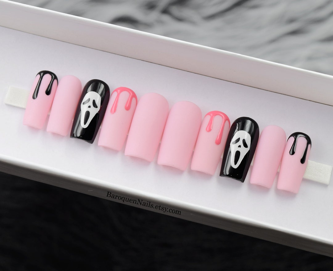 Pink Scream Nails Glam Press on Nails Drip Black Fake False Nails Y2K ...