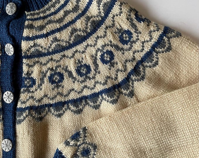 Vintage Scandinavian Handknit Wool Sweater Cardigan / Blue White Nordic ...