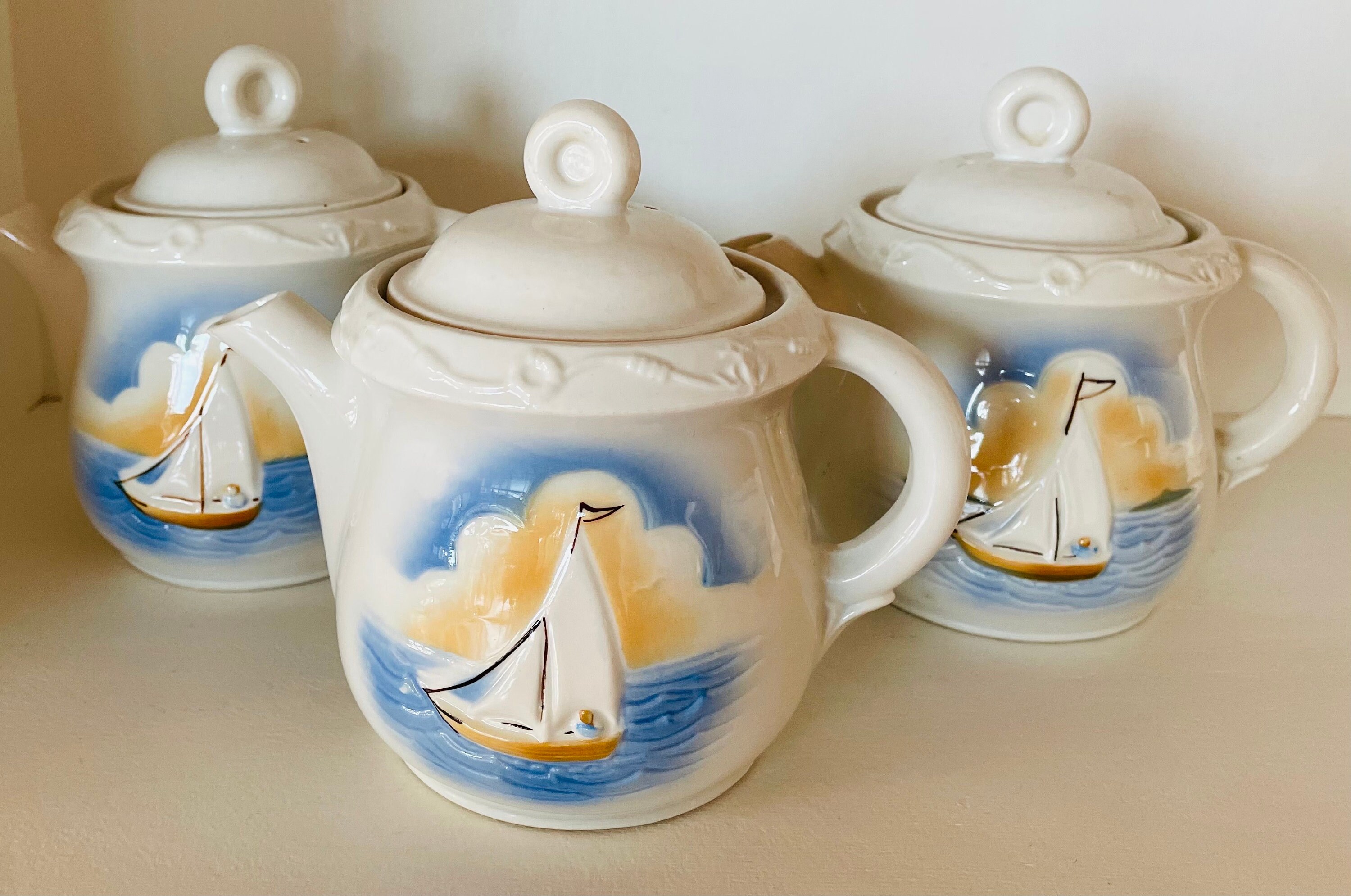 Vintage Nautical China Sailboat Teapot W Sailboat Water Scene by ...