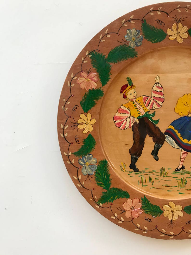 Scandinavian Hand Painted Wood Plate - Rustic & Bright Paint on Honey ...