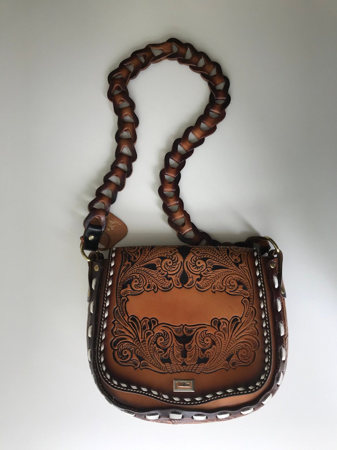 Texas Cowgirl Purse W Detailed Flowers & Braiding - Rich Worn Patina ...