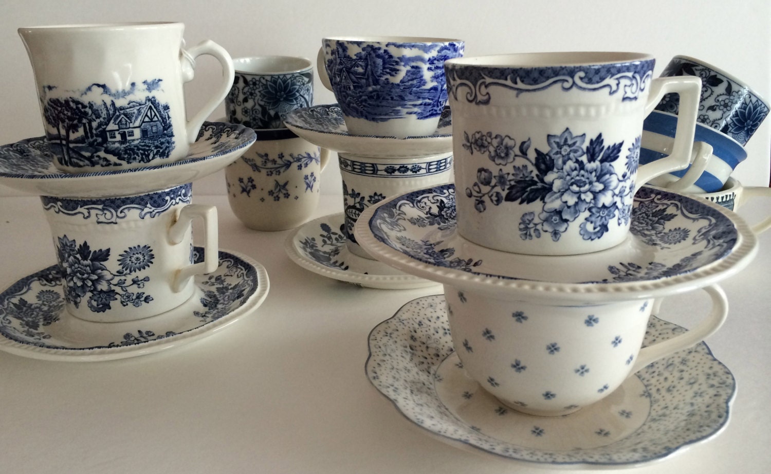 Blue White Tea Cups Set of 6 Floral Toile indigo/cobalt/ | Etsy