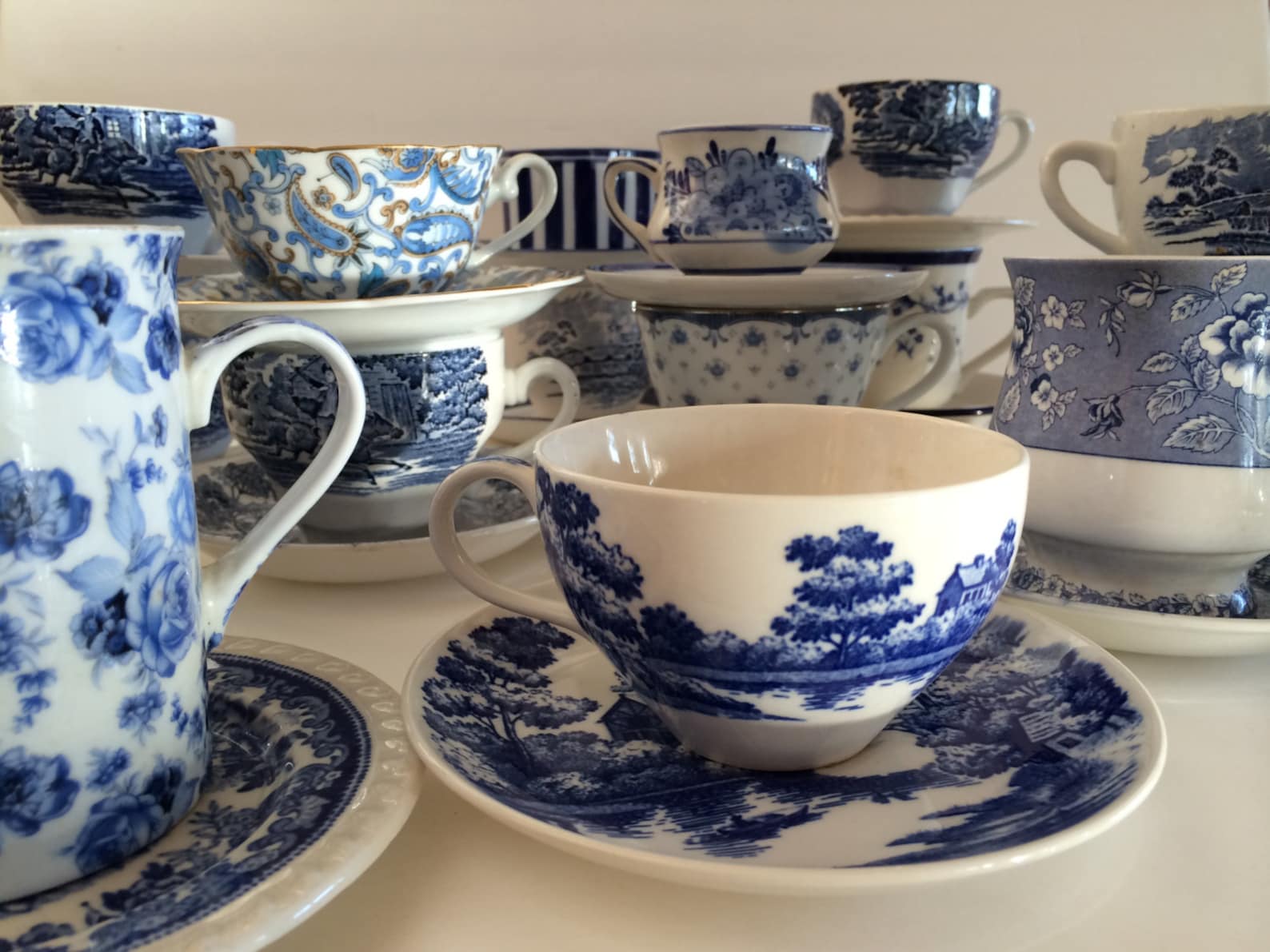 Mismatched Blue White Cups & Saucers - Floral Stripe Toile -indigo ...