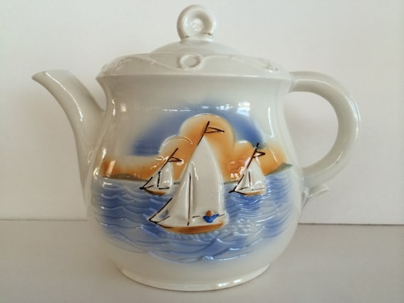 Vintage Nautical China Sailboat Teapot W Sailboat Water Scene | Etsy