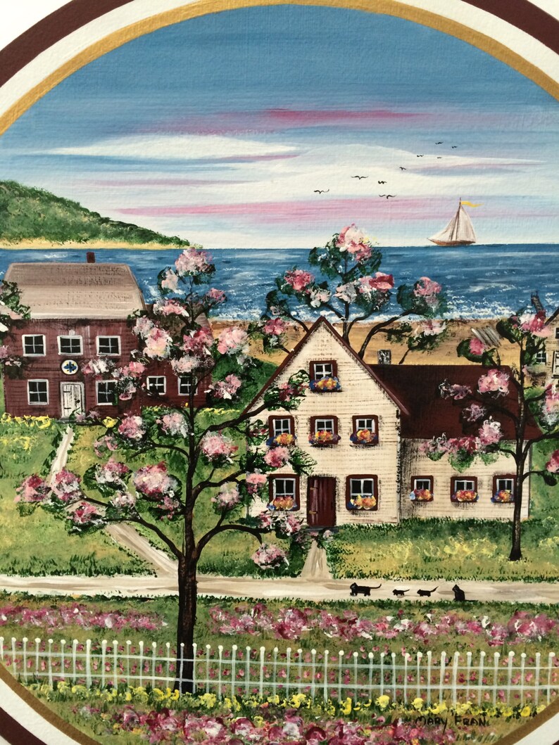 Nautical Folk Art Painting of Bay & Charming Village / Enchanting ...
