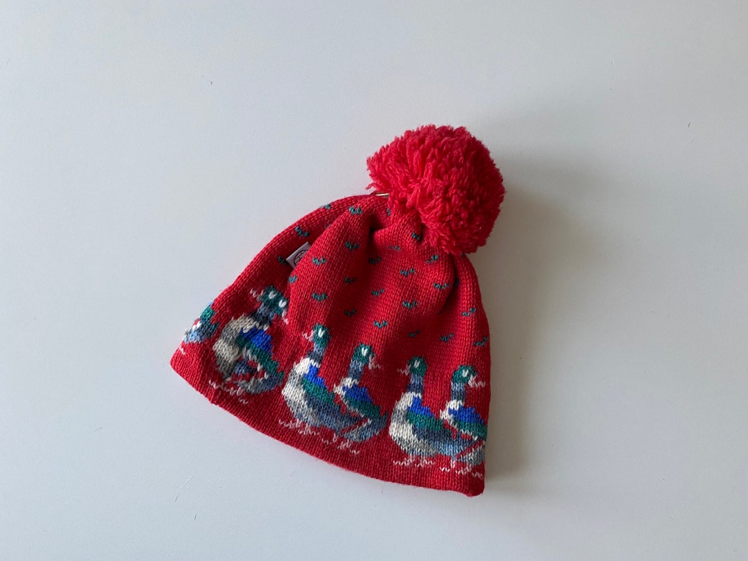 Vintage Ski Hat - the Coolest! Cherry Red - Ducks Parade - Pom Pon ...
