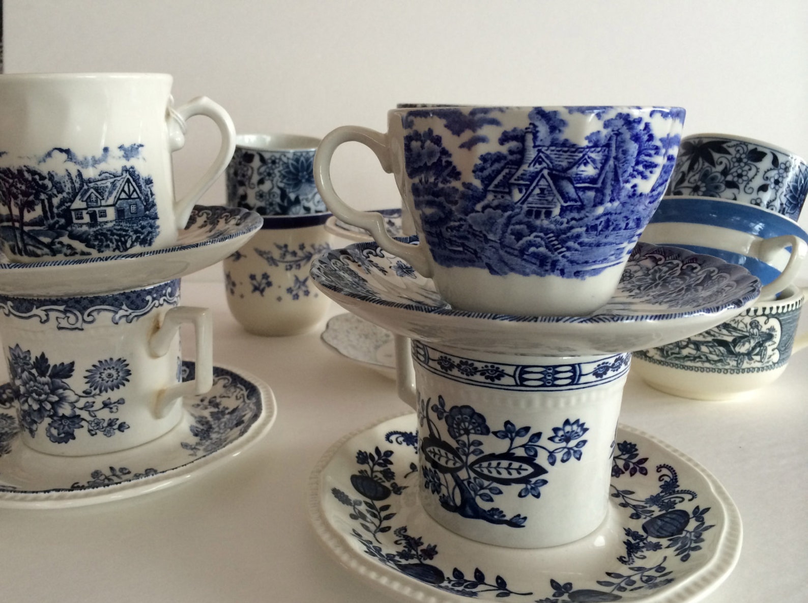 Mismatched Blue White Cups & Saucers - Floral Stripe Toile -indigo ...