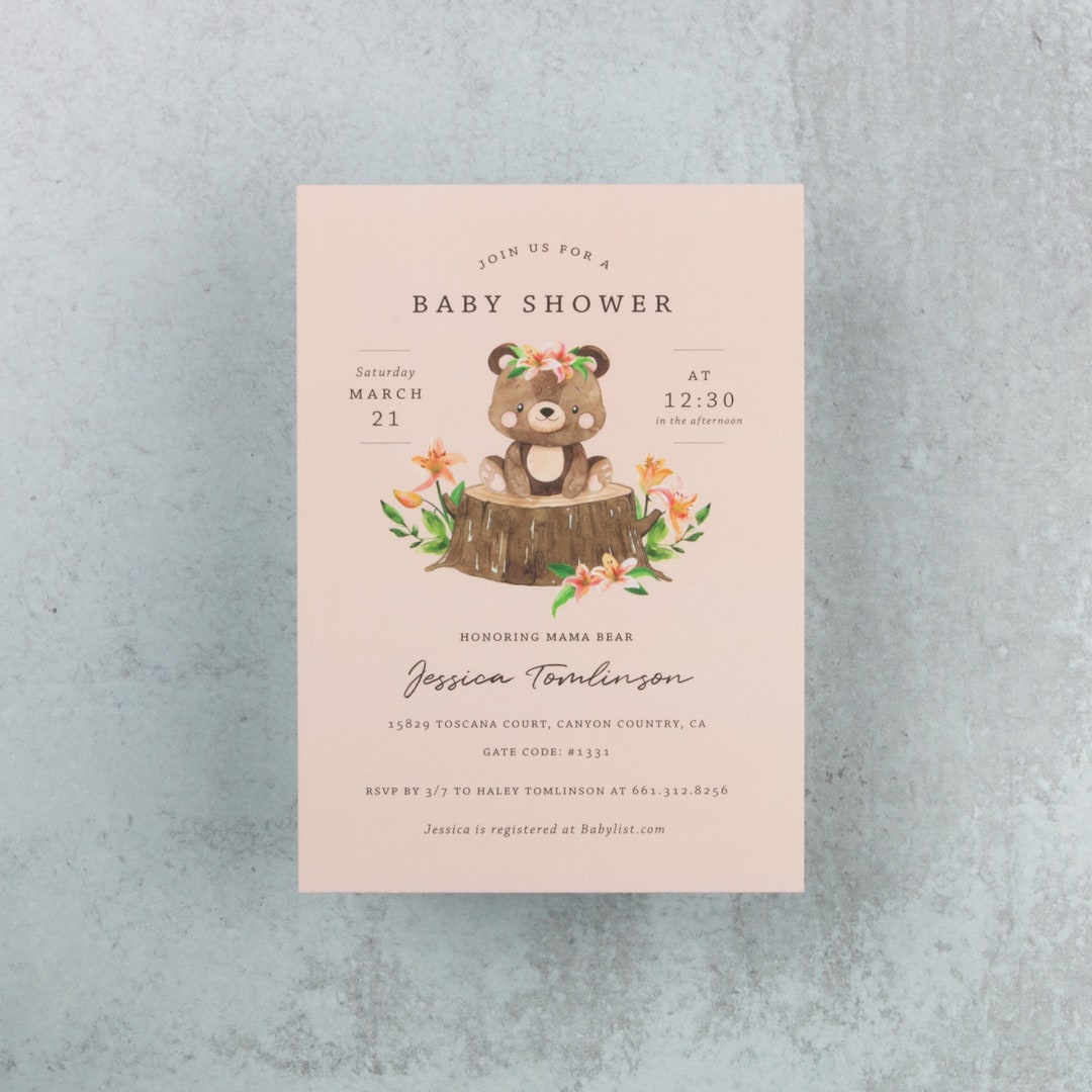 Printed - Baby Shower Invitation - 'lily Bear' - Woodland Design - Etsy