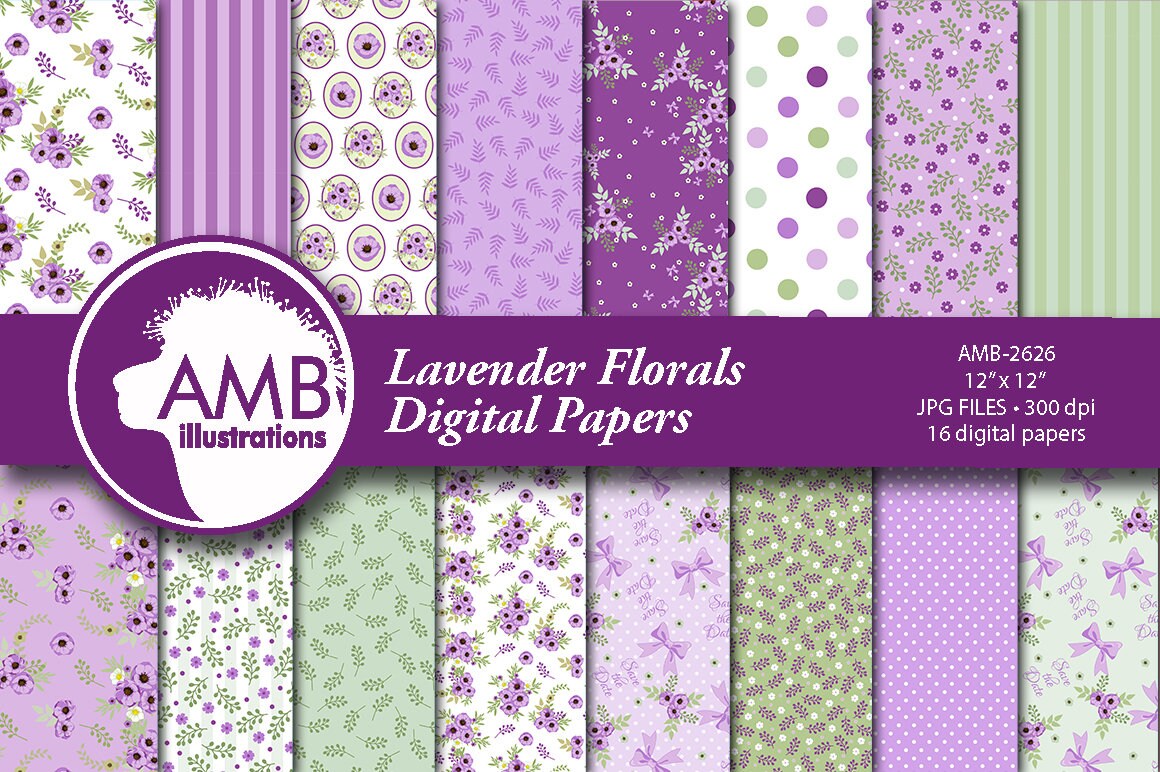 AMB-2626 Shabby chic Lavender floral Digital Papers Floral papers ...