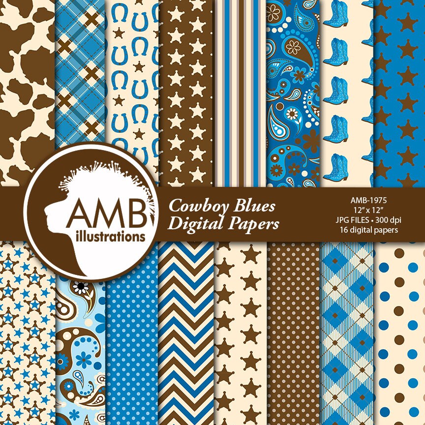 Cowboy Digital Paper Cowboys in Blue Background Western | Etsy