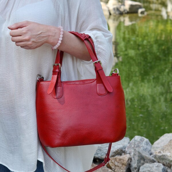 Red Leather Tote - Etsy