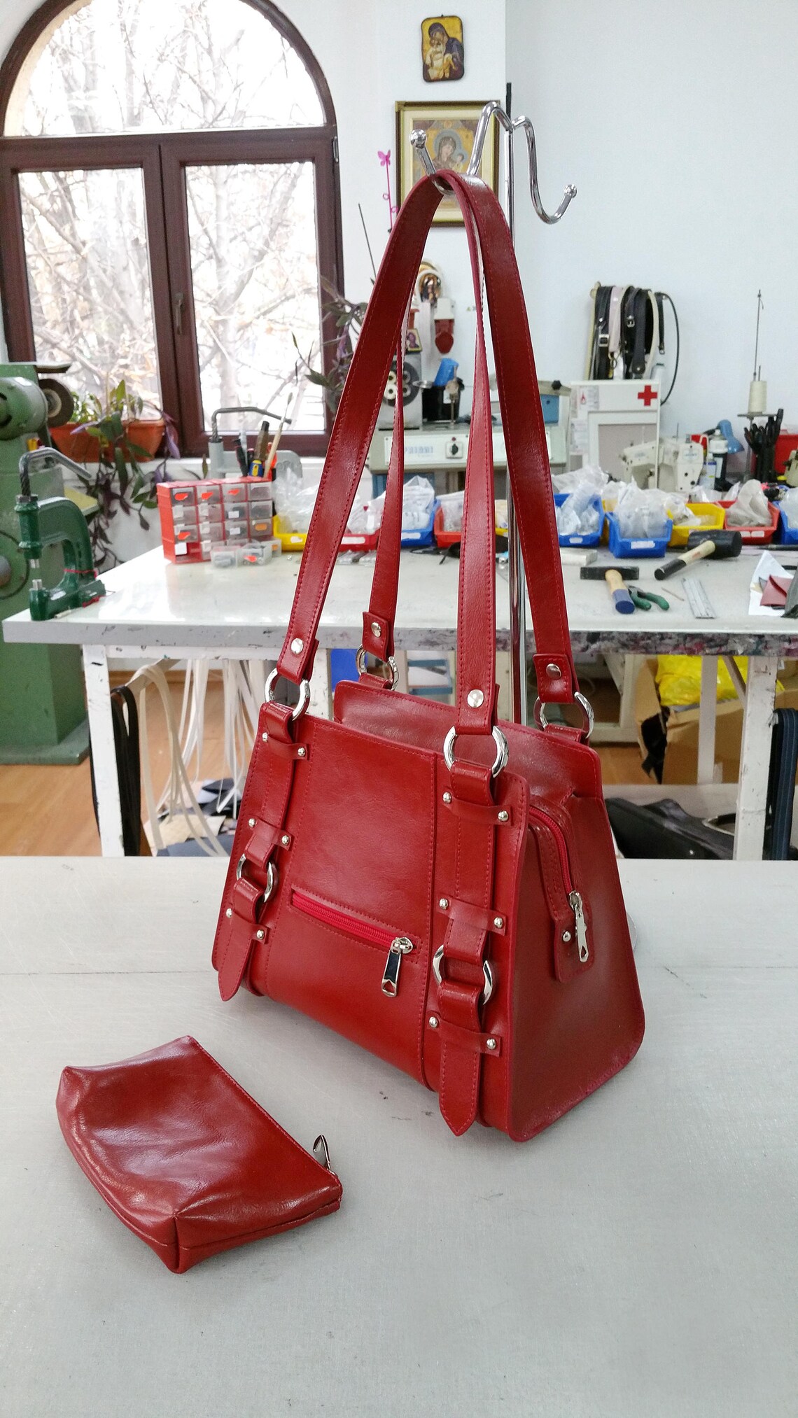 RED LEATHER TOTE Bag Red Leather Handbag Buckles Leather - Etsy
