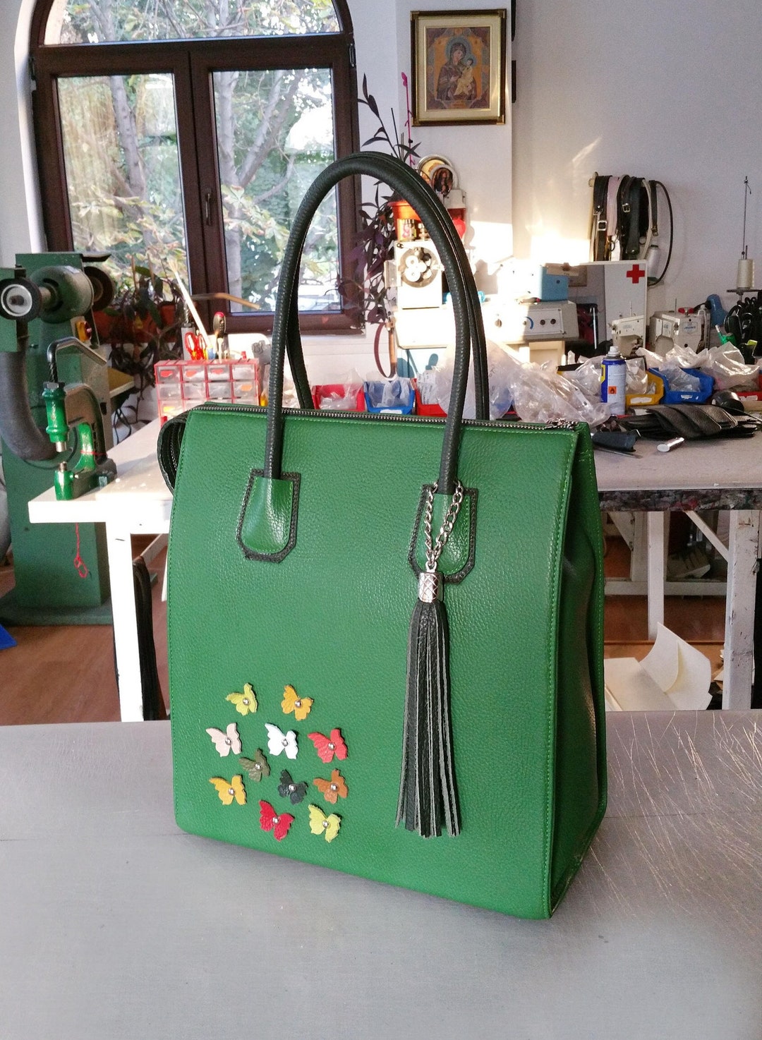 Large Green LEATHER TOTE BAG, Leather Handbag, Large Leather Bag, Large ...