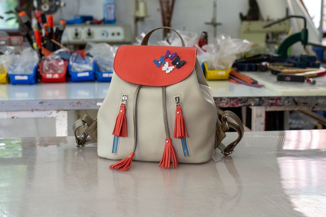 CREAM Leather Backpack, Woman Leather Backpack, Medium Leather Backpack ...