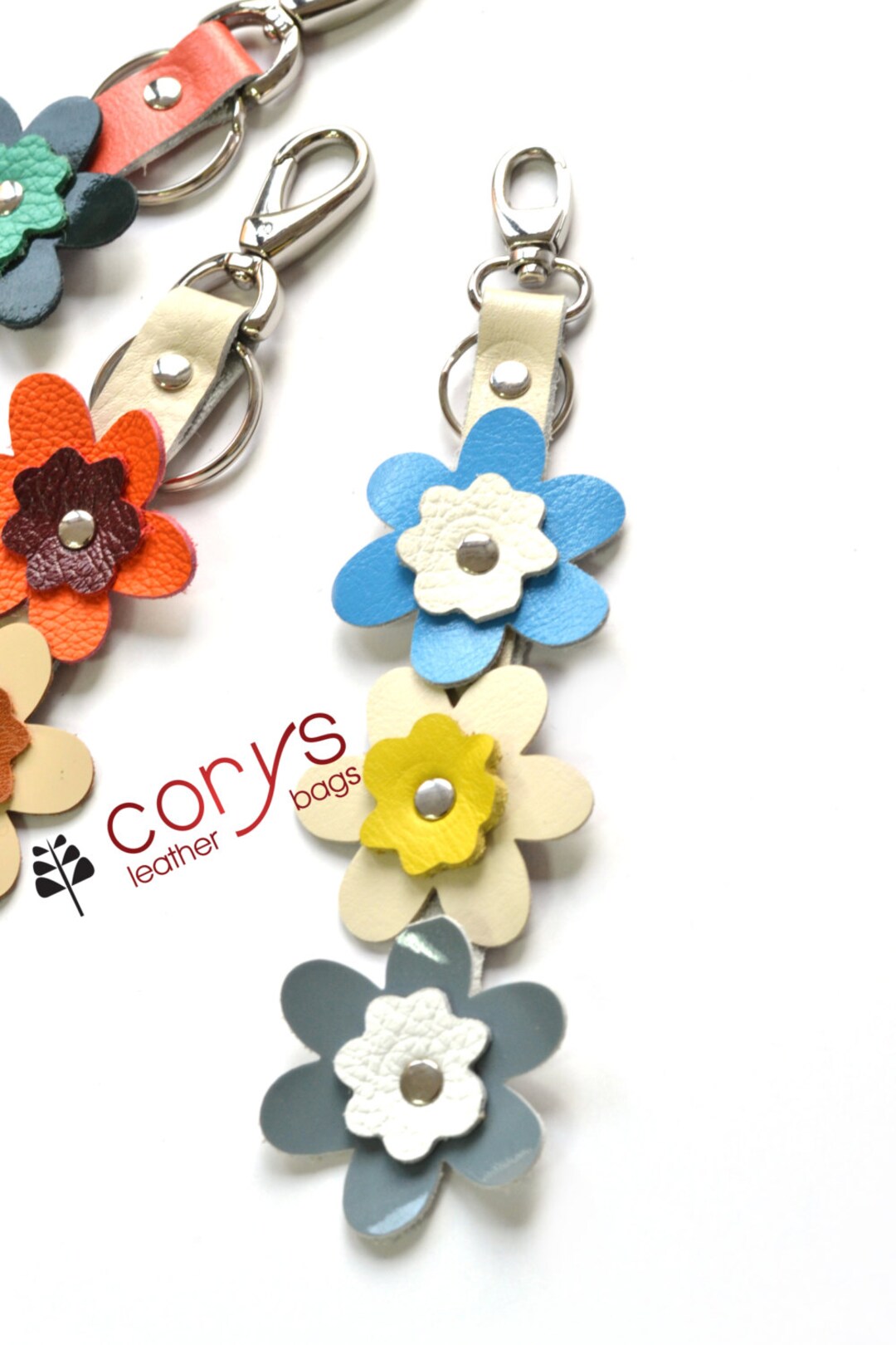 HANDMADE LEATHER FLOWERS Keyring, Leather Bag Charm, Handbag Leather ...