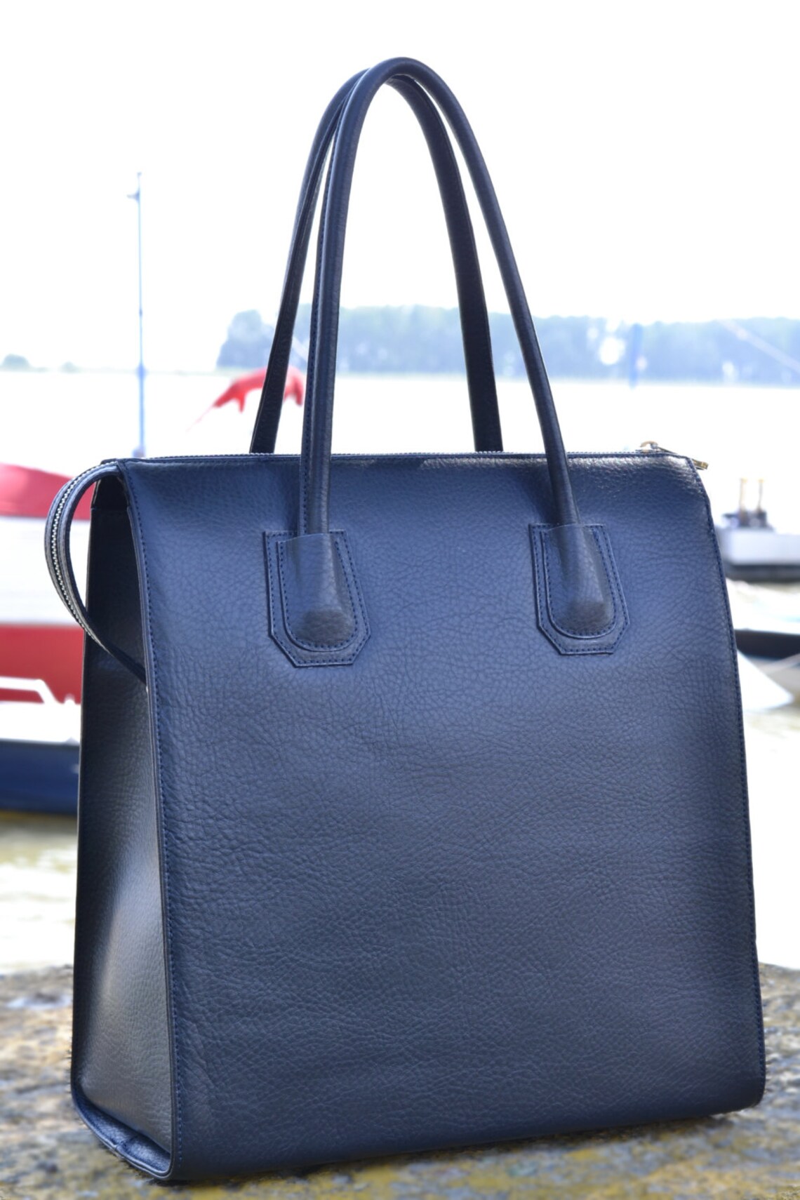 Large Blue LEATHER TOTE BAG Leather Handbag Leather Bag - Etsy
