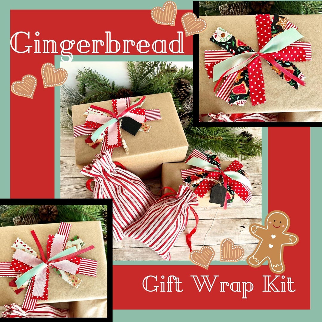 Reusable Gift Wrap Kit, Gingerbread Christmas Gift Tags, Fabric Gift ...