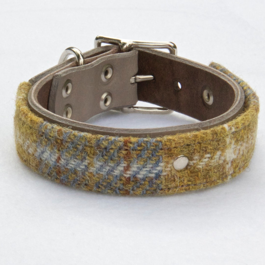 Harris Tweed and Leather Dog Collar, Made to Measure, Mustard and Blue ...