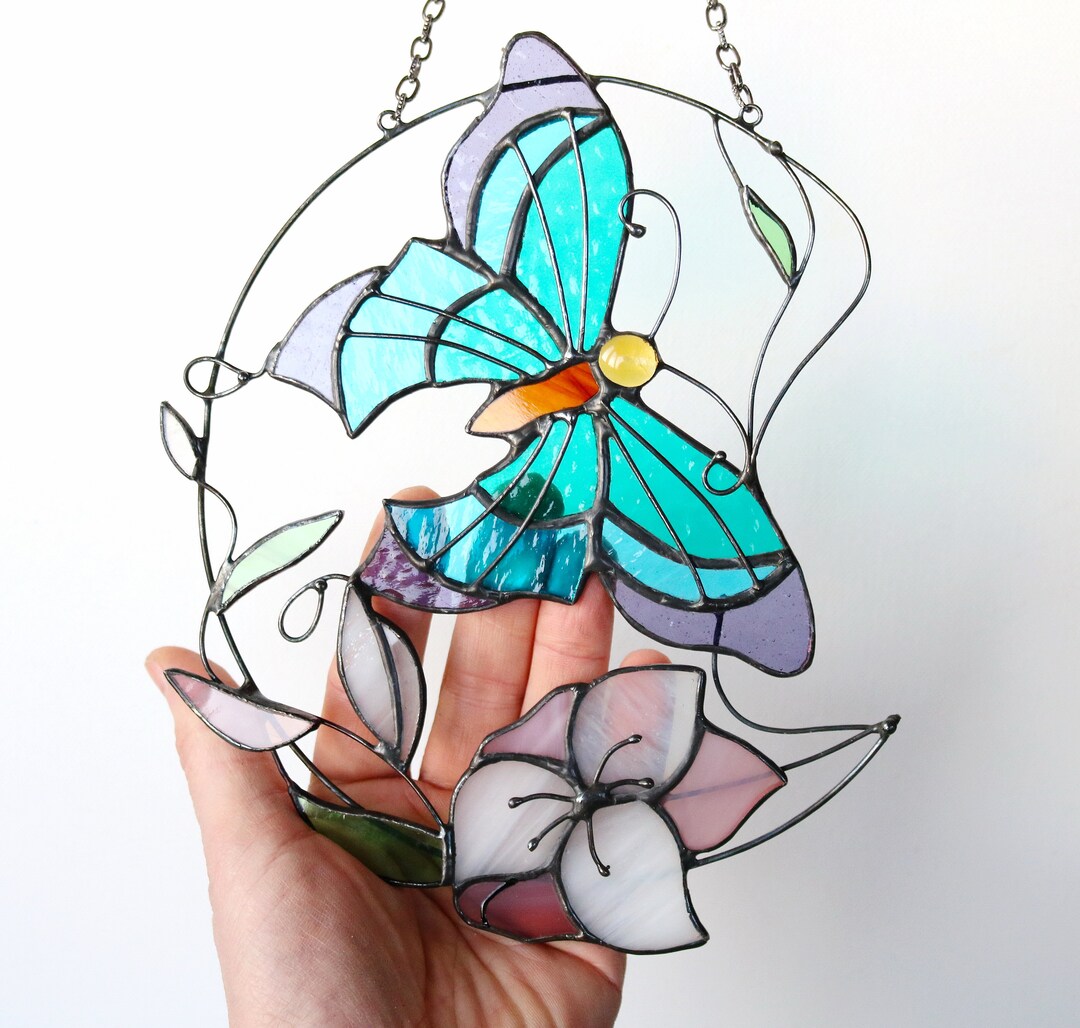 Suncatcher Butterfly With Flowers Window Hangings Stained Glass Art ...