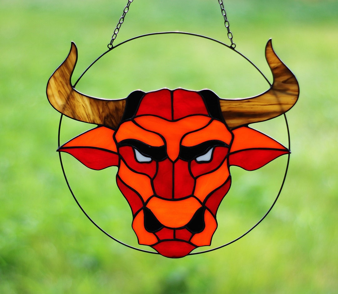 Bull Stained Glass Art Suncatcher Window Hangings Panel Handmade Home ...