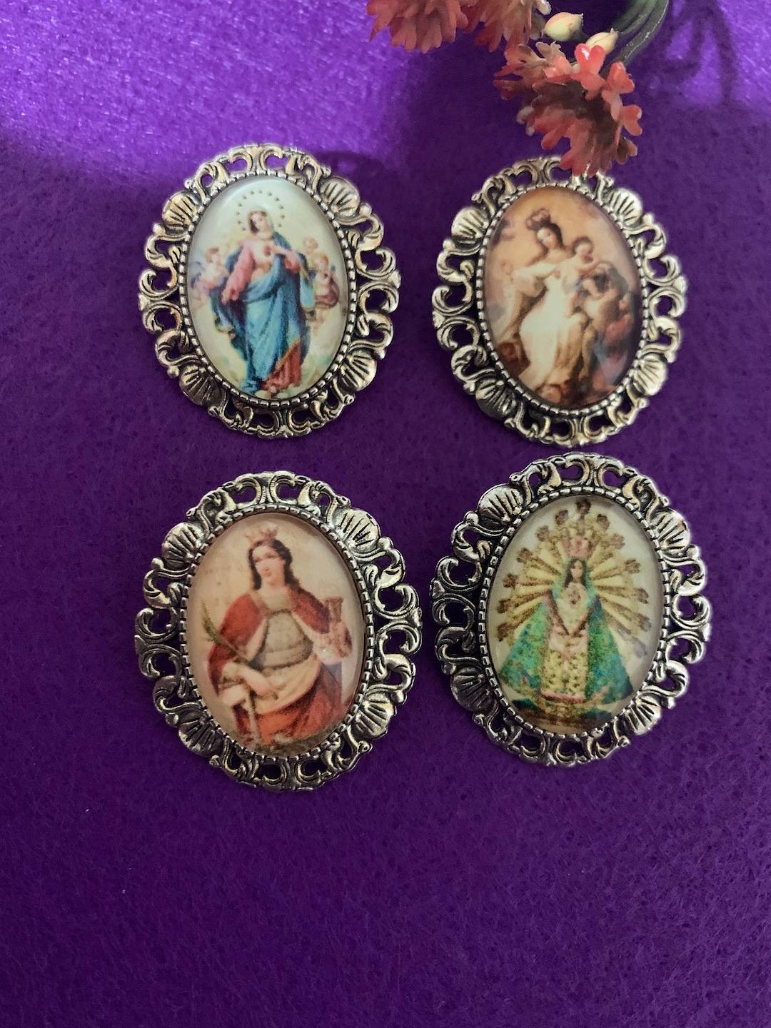 DEVOTIONAL BROOCHES. Virgin of Mercy, Saint Barbara, Immaculate Heart ...