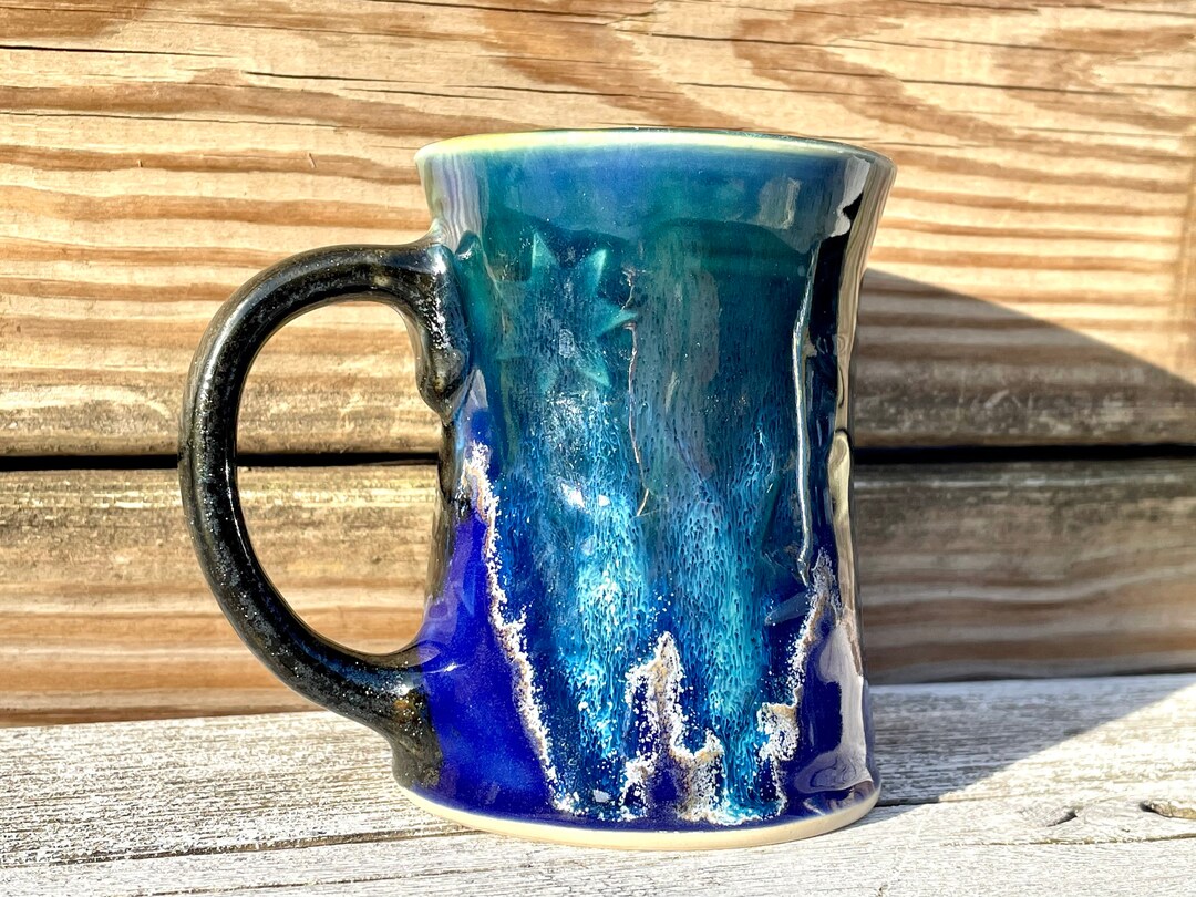 Small Ceramic Coffee Mug, 9 Oz. Drippy Cobalt Blue and Green Glazed ...