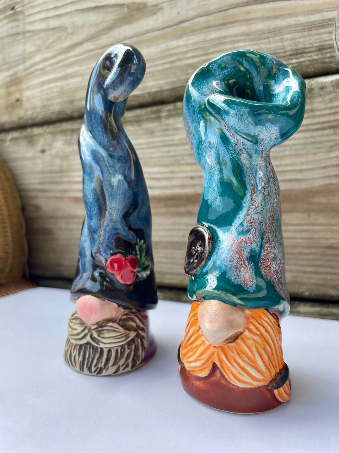 Tall, Skinny Ceramic Gnome, Bushy Mustaches, Big Noses, Drippy Glazed ...