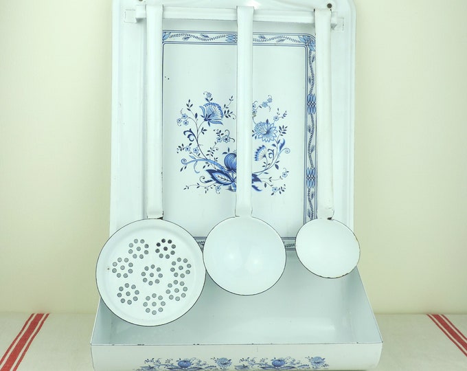 French Vintage Enamel Utensil Rack With Utensils, Vintage Enamelware ...