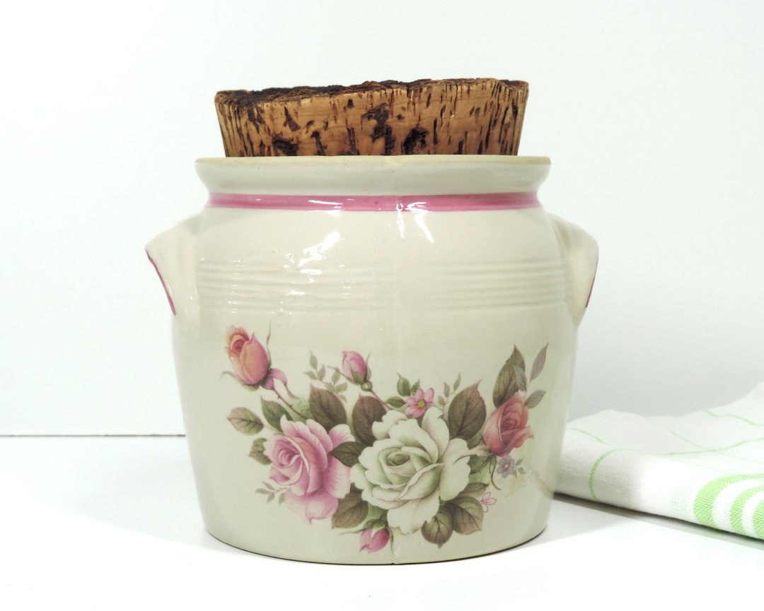 French Vintage Stoneware Crock With Flowers and Cork Lid - Etsy