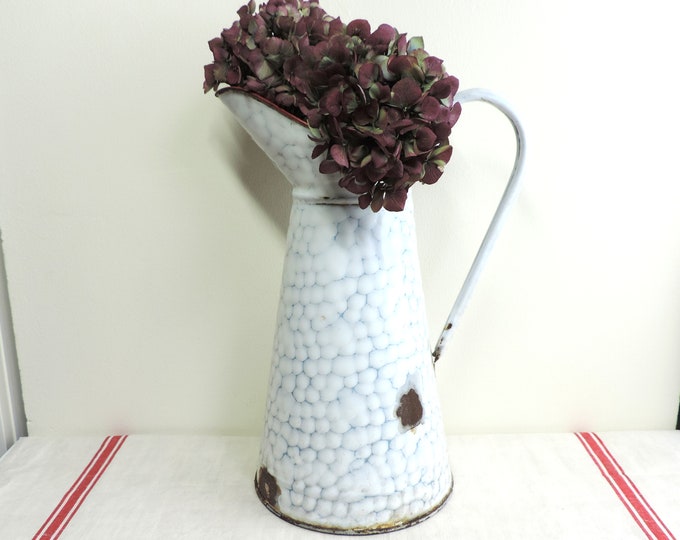French Vintage Enamel Jug, French Vintage Blue and White Marbled ...