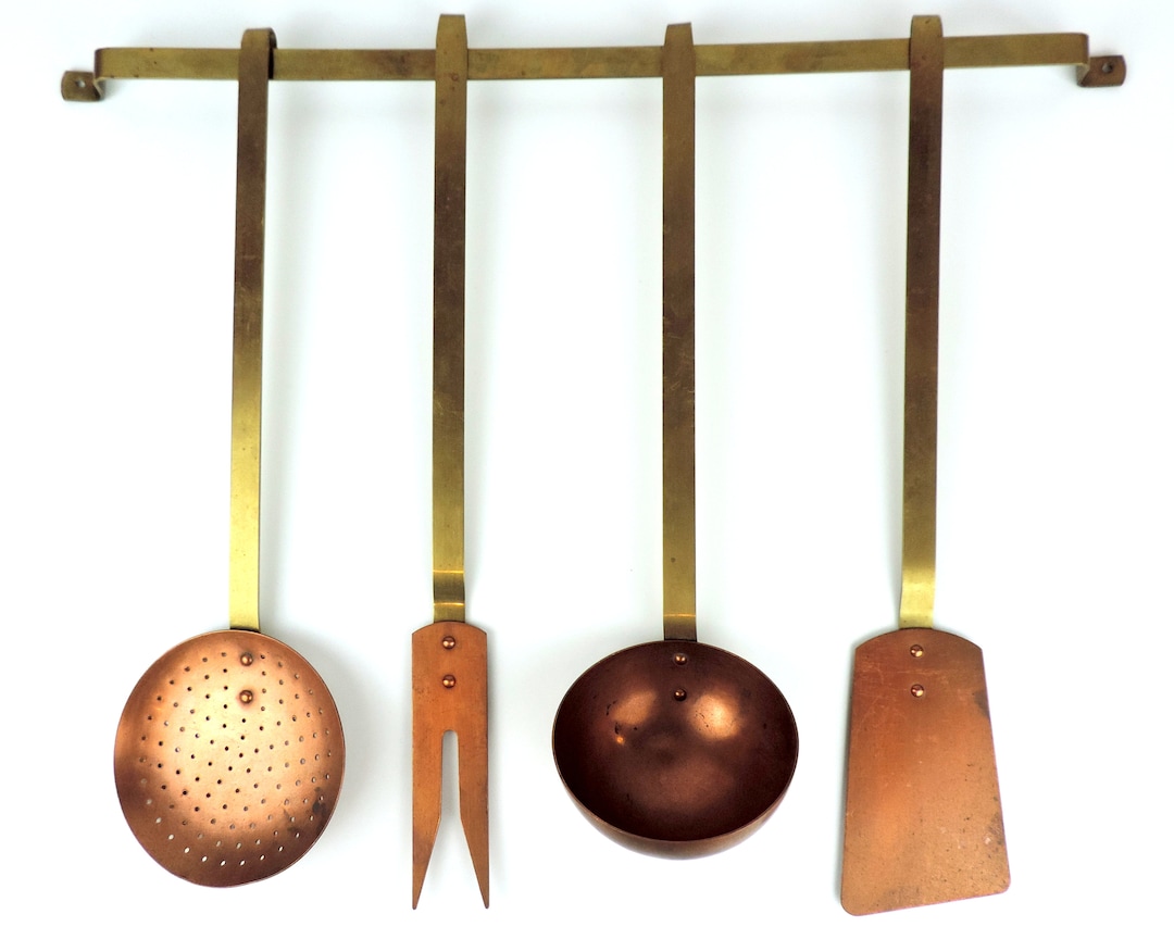 Vintage Copper and Brass Kitchen Utensils With Rack, French Vintage ...