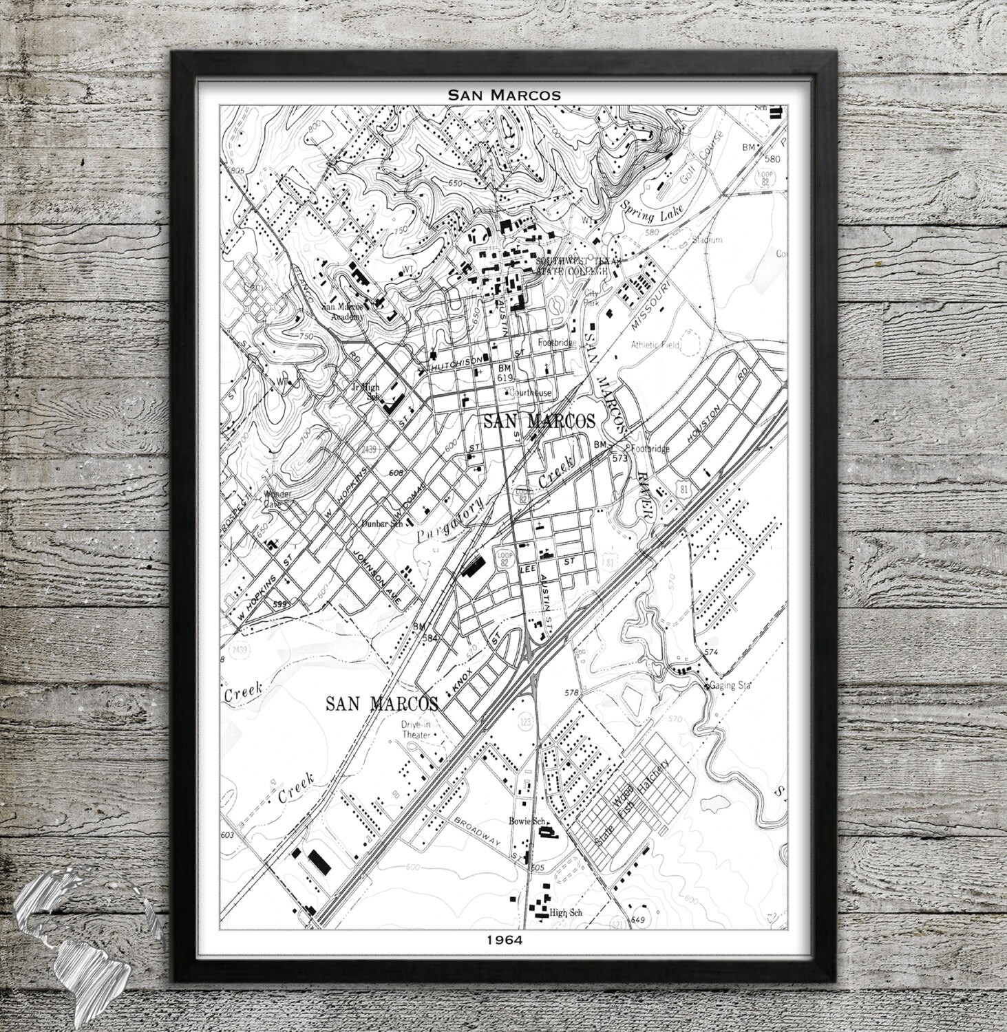 San Marcos TX | Vintage Map of Print of San Marcos TX | Map Print ...