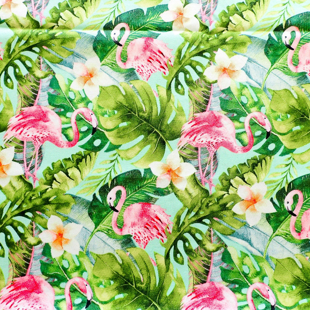 Cotton Tropical Flamingos Monstera Hibiscus Print, Quilting Sewing ...