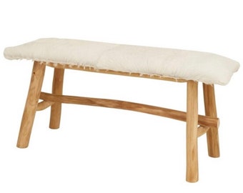Goat Fur Wood Bench White Leather Hide Wood Stool Nordic Wood | Etsy