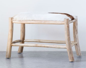 White Goat Hide Wood Bench off White Leather Hide Wood Stool Nordic ...
