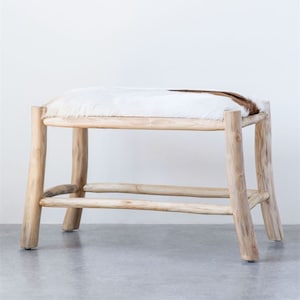 Goat Fur Wood Bench White Leather Hide Wood Stool Nordic Wood Furniture ...