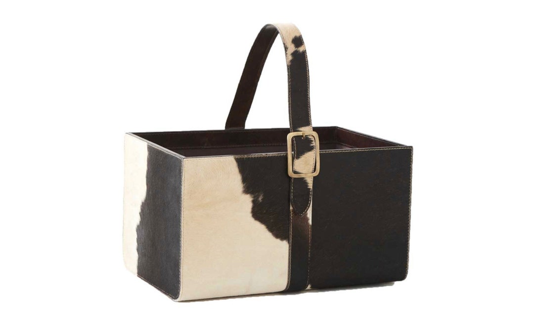 Cowhide Basket Leather Hide Basket Cowhide Magazine Holder Cowhide ...