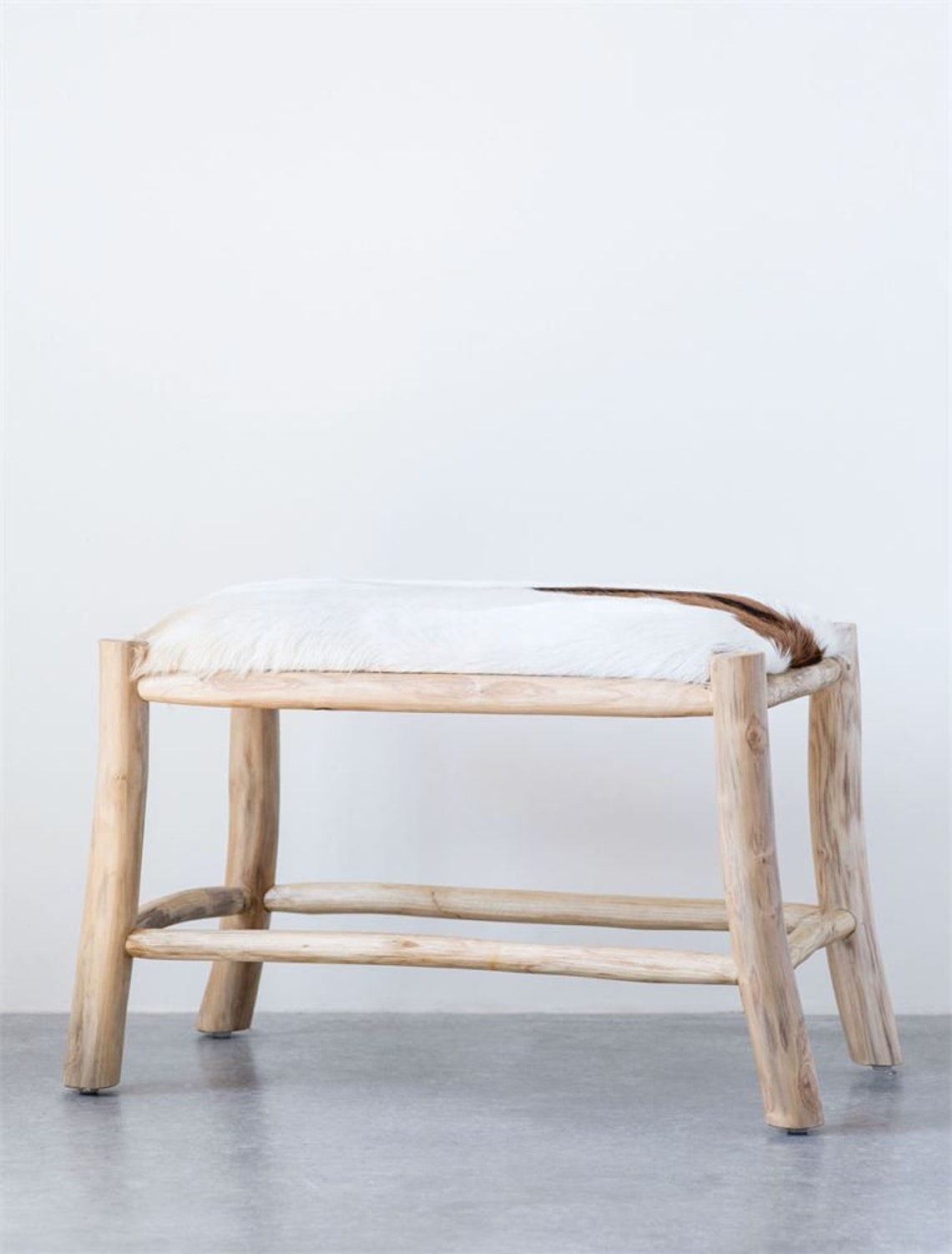 Goat Fur Wood Bench White Leather Hide Wood Stool Nordic Wood | Etsy