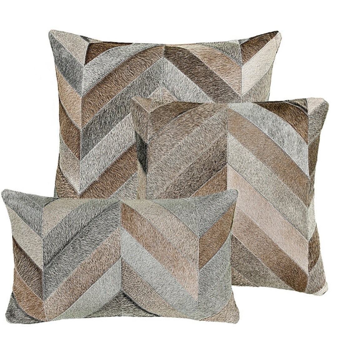 Cowhide Patchwork Pillow | Chevron Grey & Tan Throw Pillow - Etsy