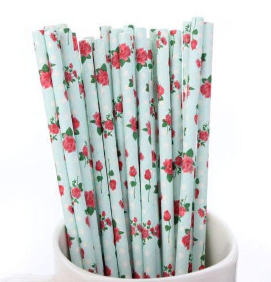 Floral Print on Light Blue Paper Straws (24 Pieces) for Cake Pops ...