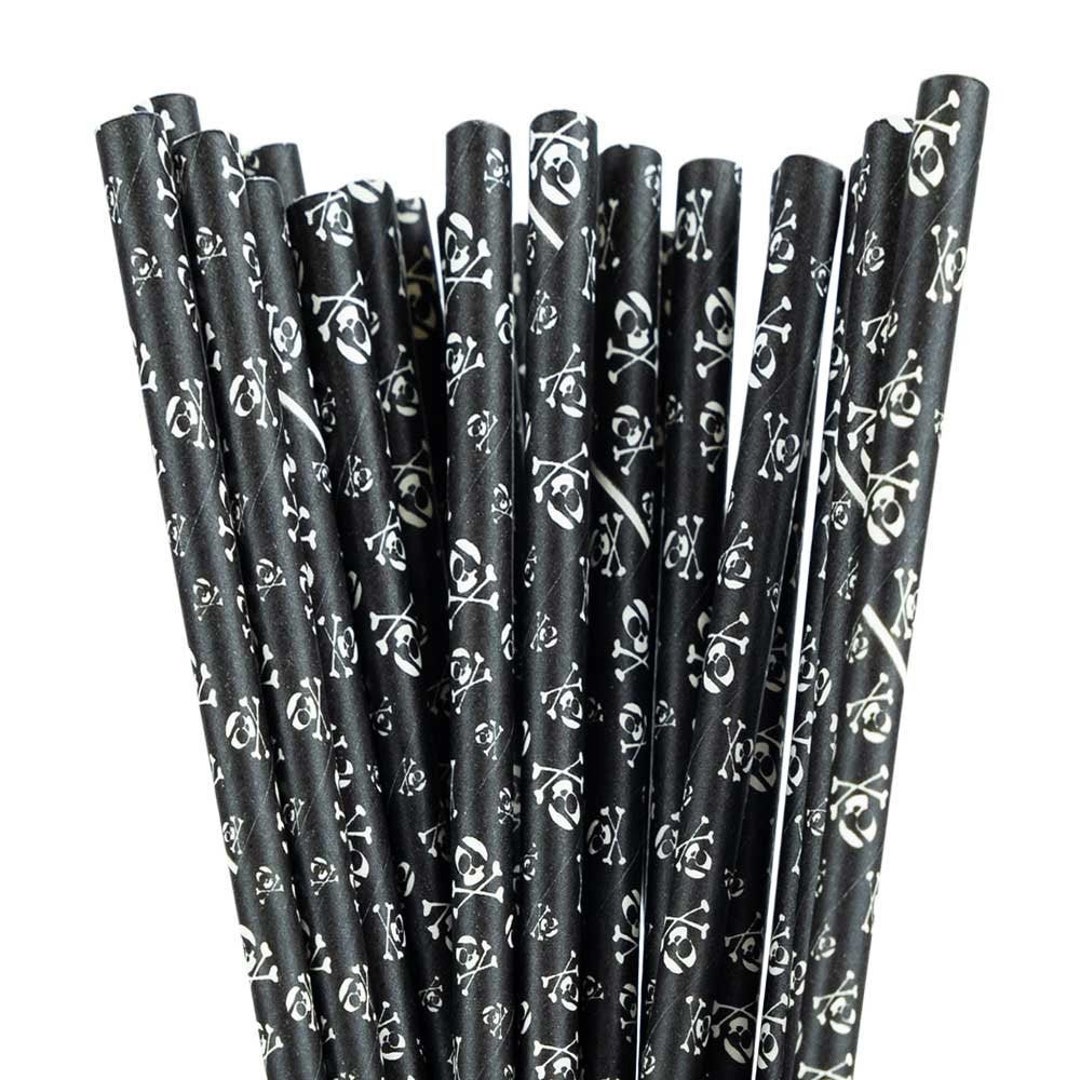 Black With White Skull and Crossbones Paper Straws (24 Pieces) for Cake ...