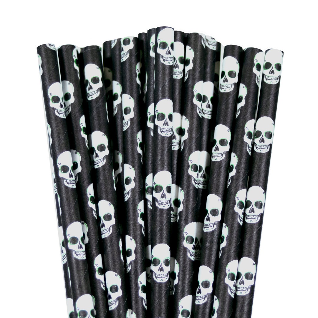 Halloween Black and White Skull Print Paper Straws (24 Pieces) for Cake ...