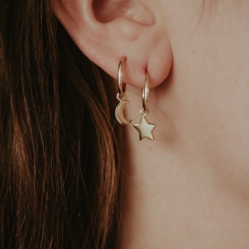 Moon and Star Hoops Celestial Hoops Star Earrings Moon - Etsy