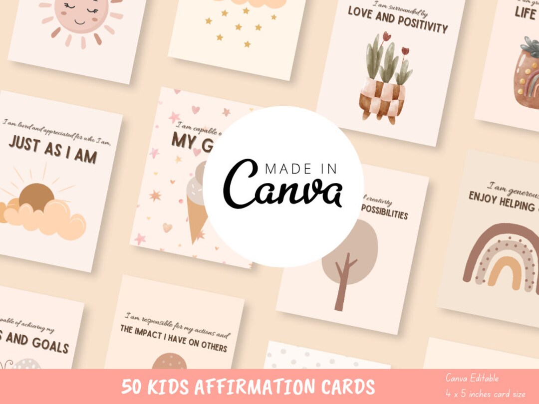 Canva Editable Digital File 50 Affirmation Cards for Kids for a ...