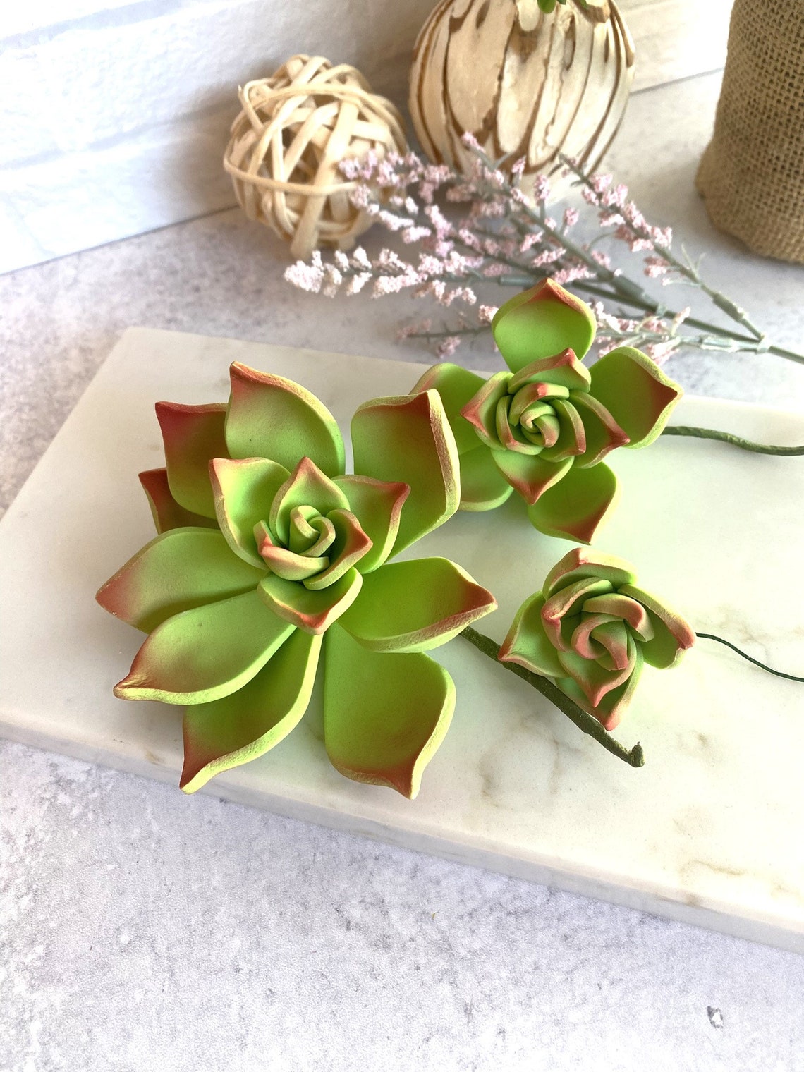 GREEN SUCCULENTS Gum Paste Flower Decorations- 3 Pieces Cake Toppers ...